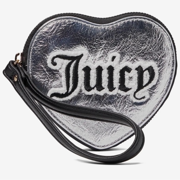 Juicy Couture | Bags | Juicy Couture Wallet Wristlet Metallic Silver Shear Genius Heart Coin ...